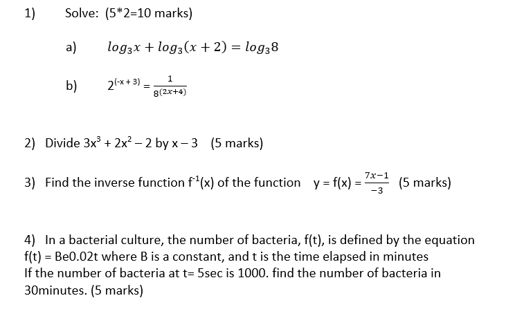 Solved 1) Solve: (5*2=10 marks) a) log3x + log3(x + 2) = | Chegg.com