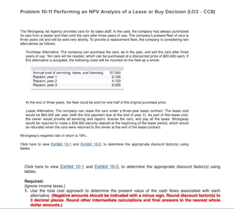 Solved Problem 10-11 Performing an NPV Analysis of a Lease | Chegg.com