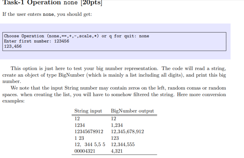 Solved Task-1 Operation none (20pts If the user enters none, | Chegg.com