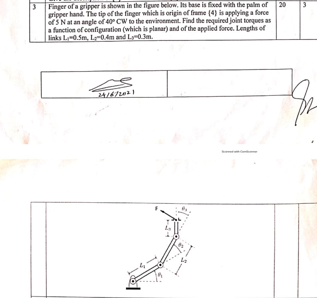 Solved 3 Finger of a gripper is shown in the figure below. | Chegg.com