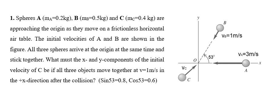 Solved B Ve=1m/s 1. Spheres A (mA=0.2kg), B (ms=0.5kg) and C | Chegg.com