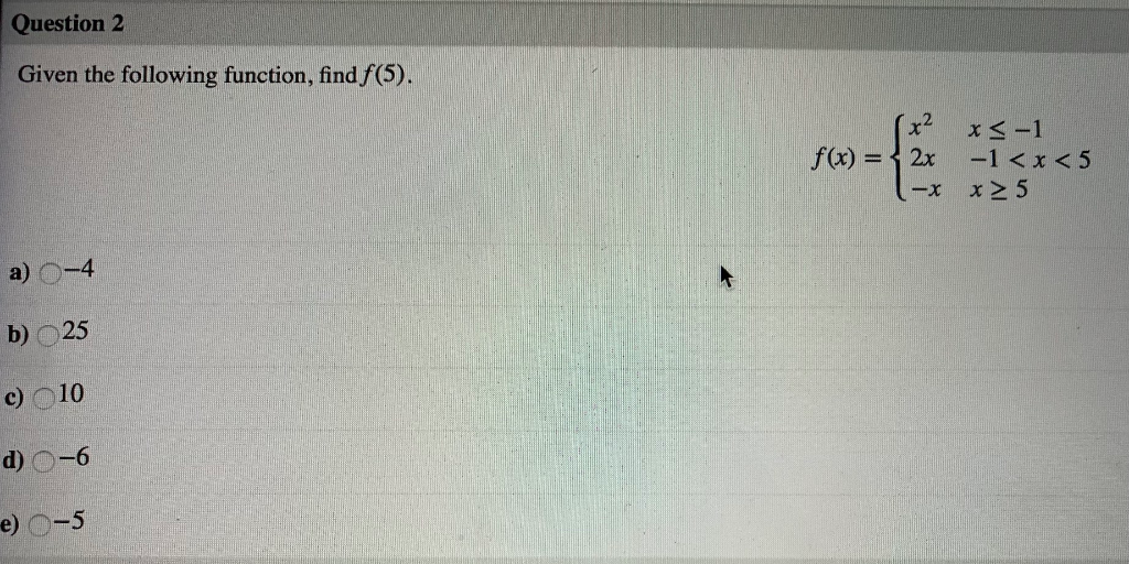 Solved Question 2 Given the following function, find f(5). | Chegg.com