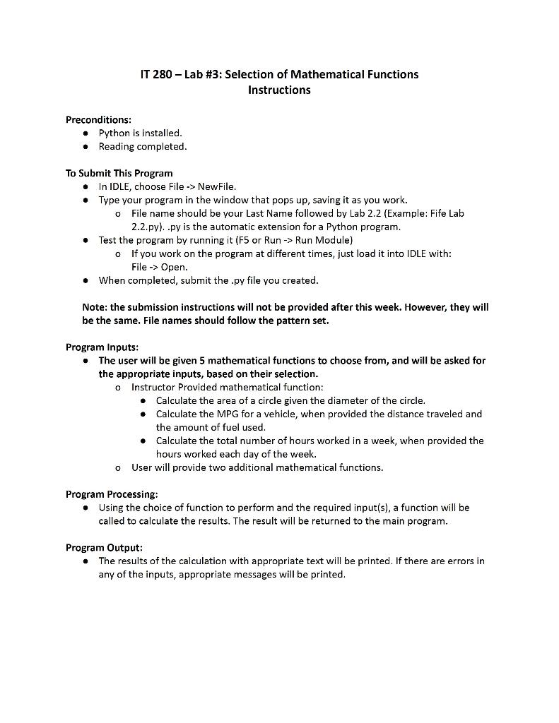 Solved IT 280 - Lab \#3: Selection of Mathematical Functions | Chegg.com