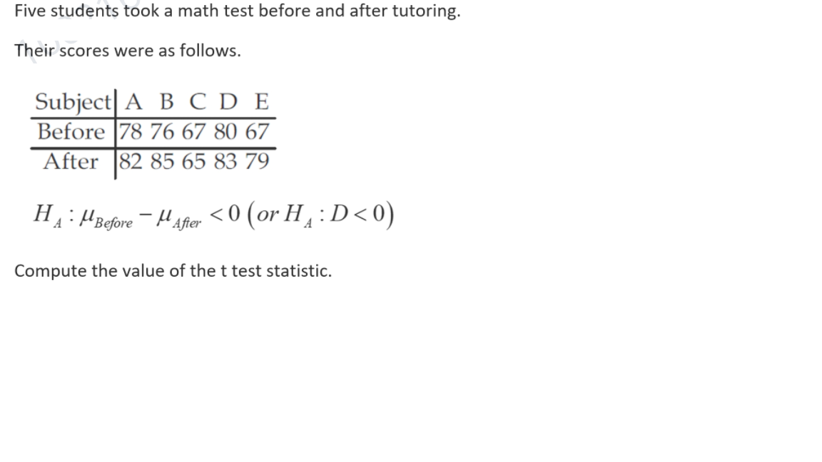 Solved Five students took a math test before and after | Chegg.com