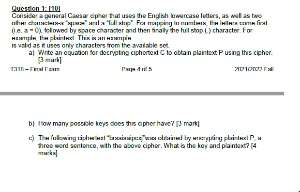 Solved Question 1: [10] Consider a general Caesar cipher | Chegg.com