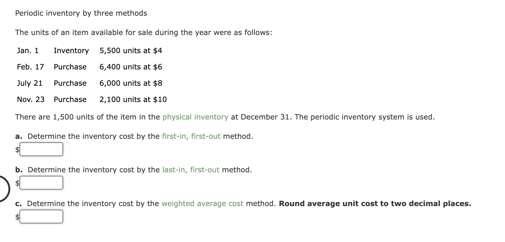 Solved Periodic inventory by three methods The units of an | Chegg.com