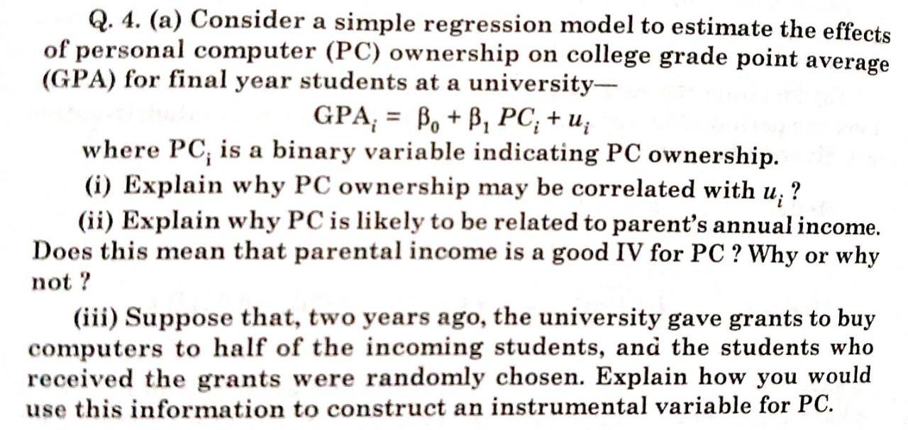 Solved Q. 4. (a) Consider a simple regression model to | Chegg.com
