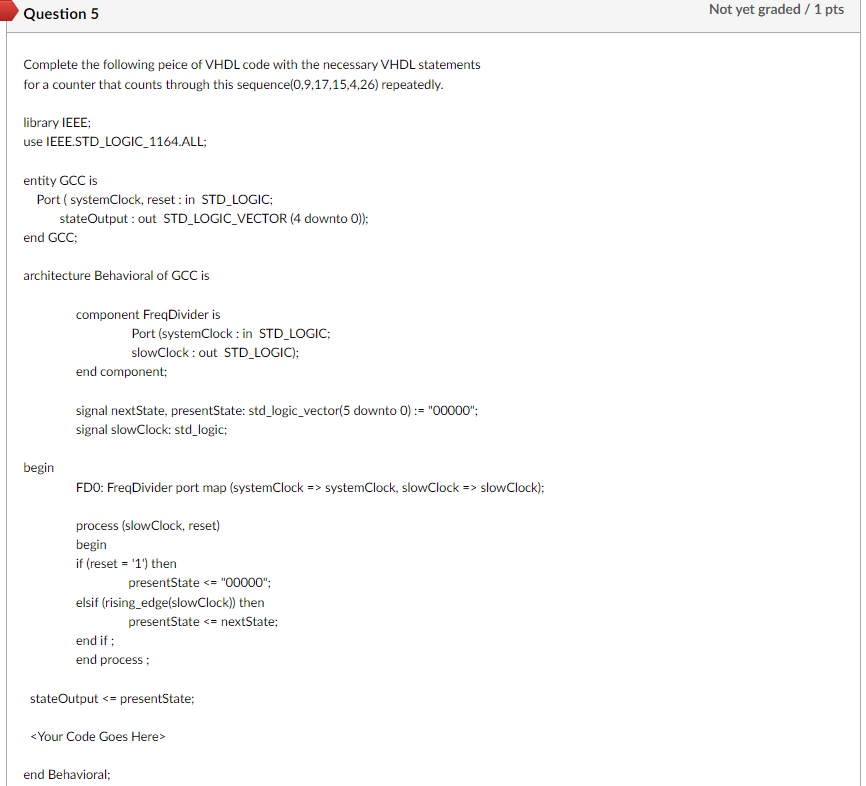 Solved Complete the following peice of VHDL code with the | Chegg.com