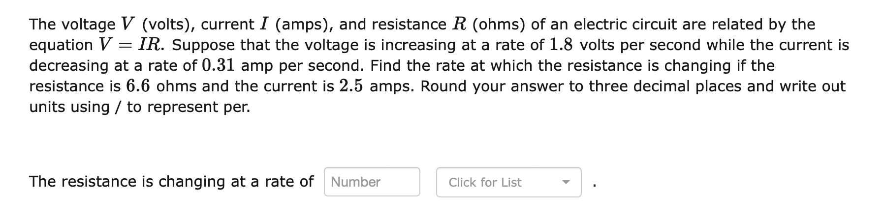 Solved The voltage V (volts), current I (amps), and | Chegg.com