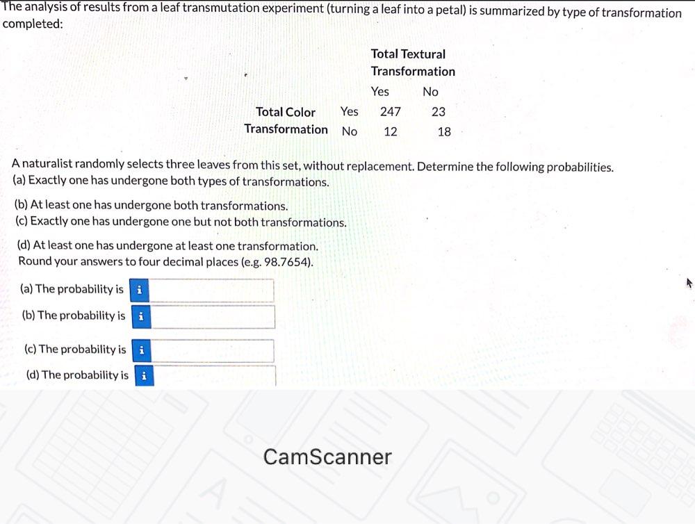 Solved The analysis of results from a leaf transmutation | Chegg.com