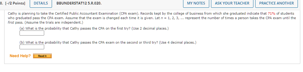 Solved 8. [-/2 Points] DETAILS BBUNDERSTAT12 5.R.020. MY | Chegg.com