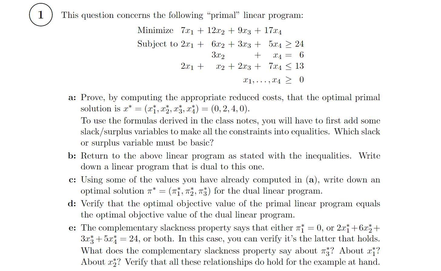 Solved This question concerns the following "primal" linear | Chegg.com
