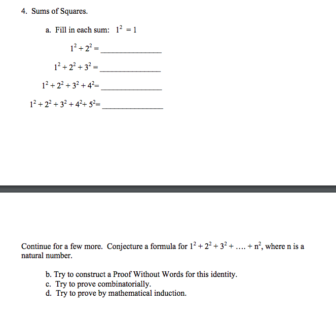 Solved 4. Sums of Squares. 12-1 a. Fill in each sum: 1+2 12 | Chegg.com