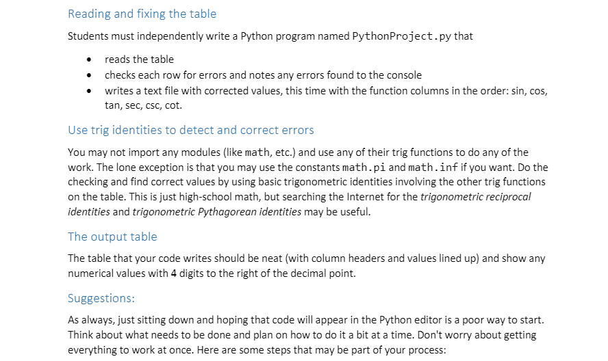Python Project: Correcting Table Errors Trig tables | Chegg.com