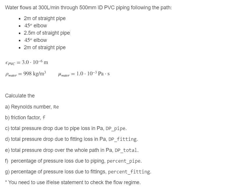 Water flows at 300L/min through 500mm ID PVC piping | Chegg.com