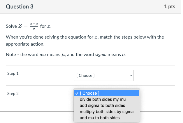 Solved Solve Z=σx−μ for x When you're done solving the | Chegg.com