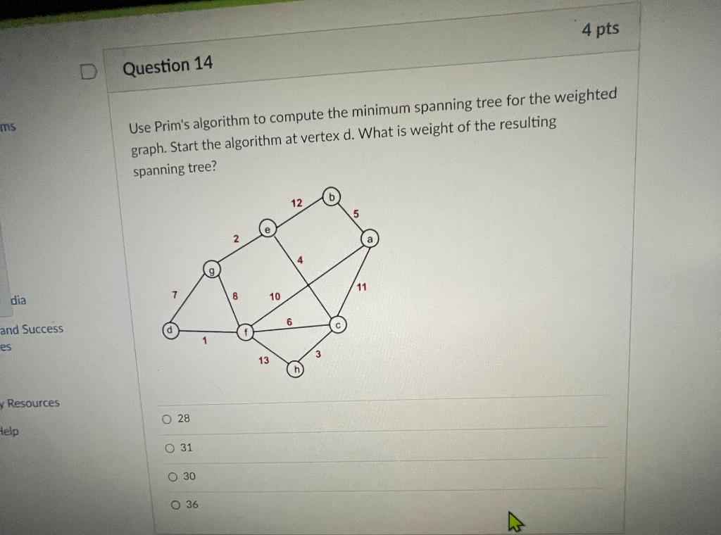 Solved 4 pts O Question 14 ms Use Prim's algorithm to | Chegg.com