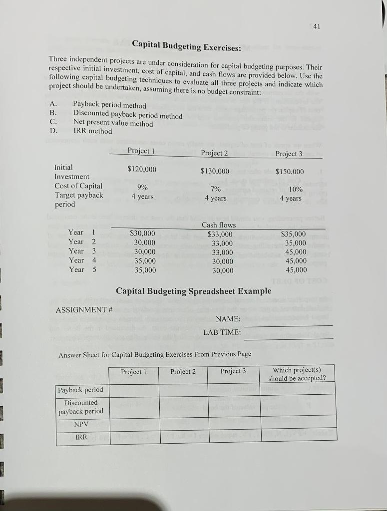 Solved 41 Capital Budgeting Exercises: Three independent | Chegg.com