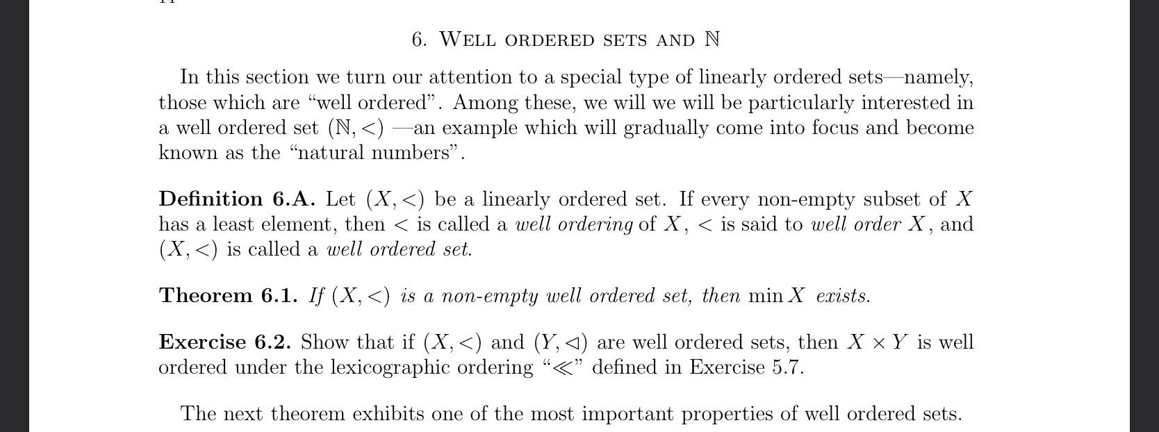 Solved 6. WELL ORDERED SETS AND N In this section we turn | Chegg.com