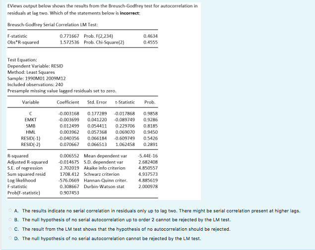 Solved eviews output shows the results from the bruesch | Chegg.com