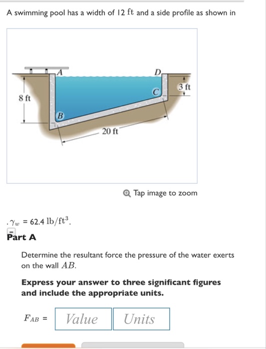Solved A swimming pool has a width of 12 ft and a side | Chegg.com