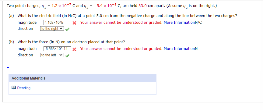 Solved Two point charges, q1=1.2×10−7C and q2=−5.4×10−8C, | Chegg.com