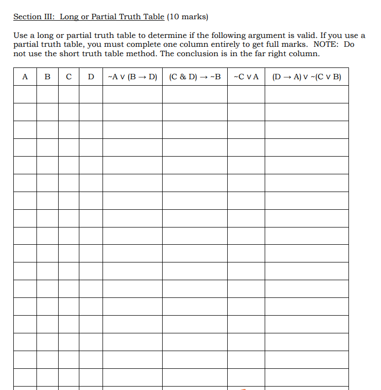 Solved Section III: Long or Partial Truth Table (10 marks) | Chegg.com