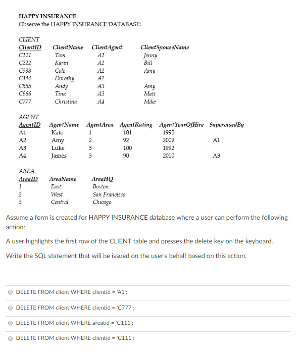 Solved HAPPY INSURANCE Observe the HAPPY INSURANCE DATABASE: | Chegg.com