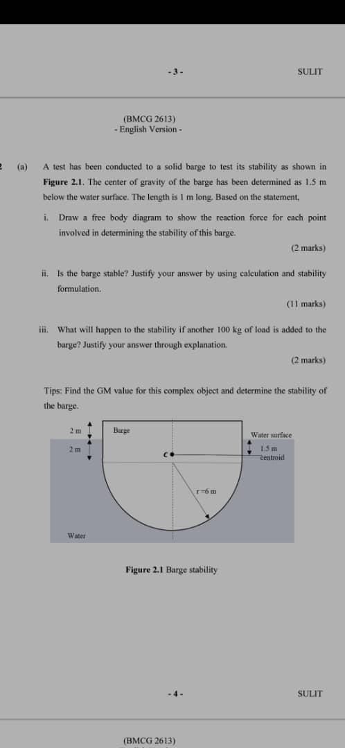 Q2 (a) A test has been conducted to a solid barge to | Chegg.com