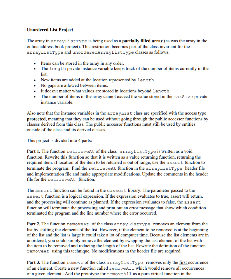 Solved Unordered List Project The array in arrayListтype is | Chegg.com