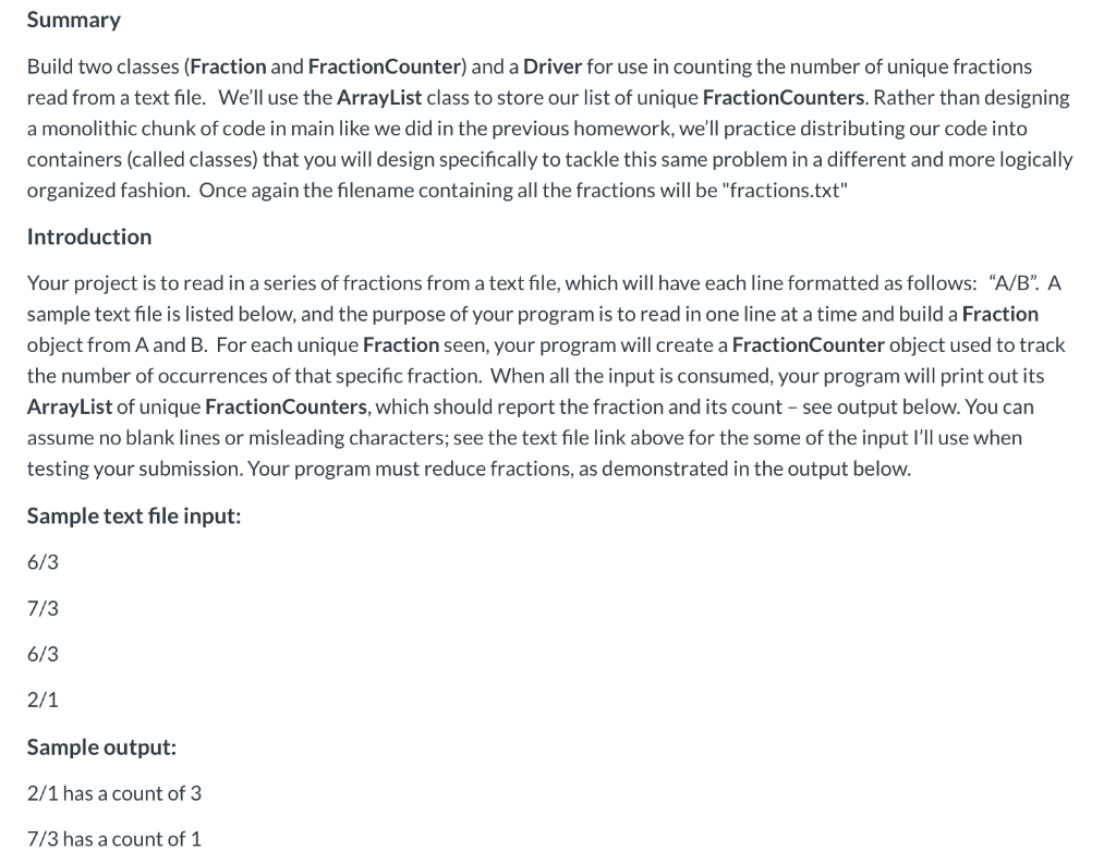 Solved Summary Build two classes (Fraction and Fraction | Chegg.com