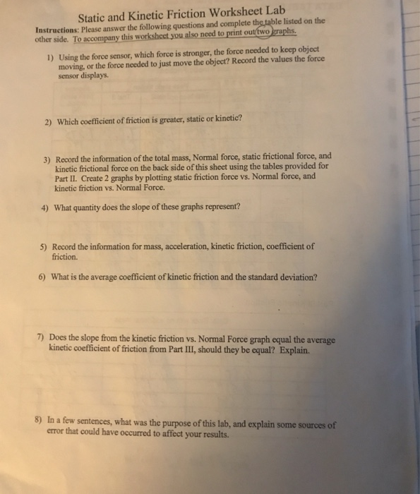 Static and Kinetic Friction Worksheet Lab | Chegg.com