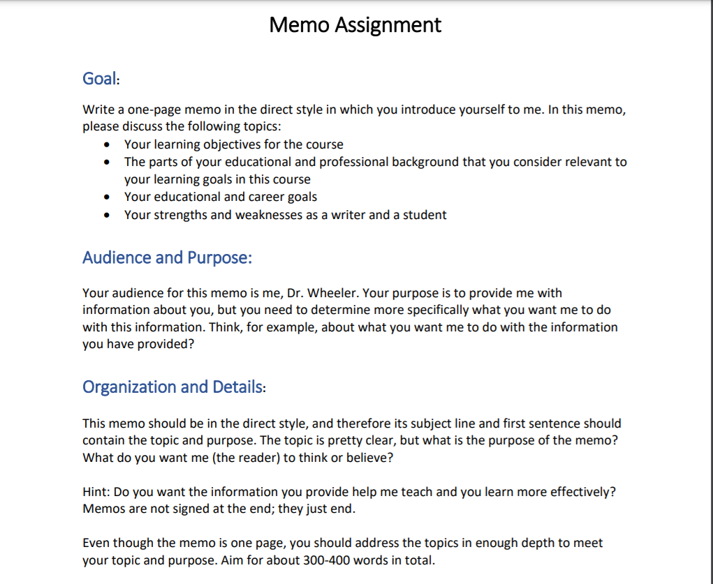 Solved Memo Assignment Goal: Write a one-page memo in the | Chegg.com