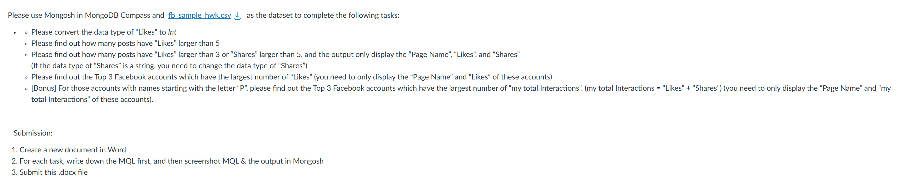 Solved Please use Mongosh in MongoDB Compass and fb sample | Chegg.com