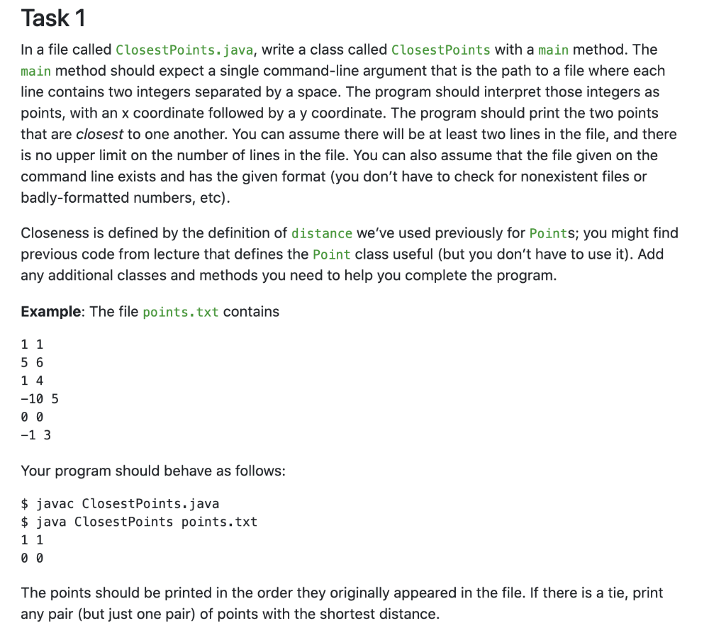 Task 1 In a file called ClosestPoints.java, write a | Chegg.com