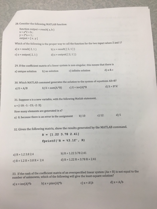 Solved 28 Consider The Following Matlab Function Function 9302