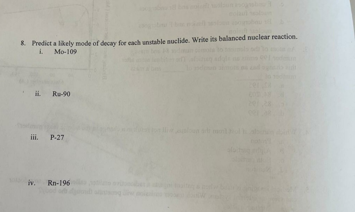 Solved 8. Predict a likely mode of decay for each unstable | Chegg.com