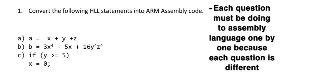 Solved 1. Convert the following HLL statements into ARM | Chegg.com