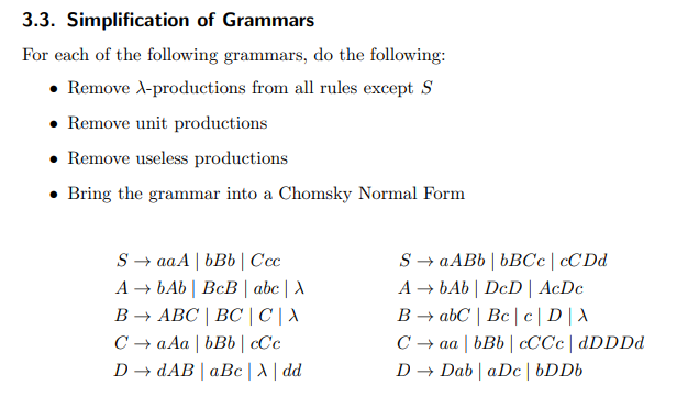 Solved 3.3. Simplification of Grammars For each of the | Chegg.com