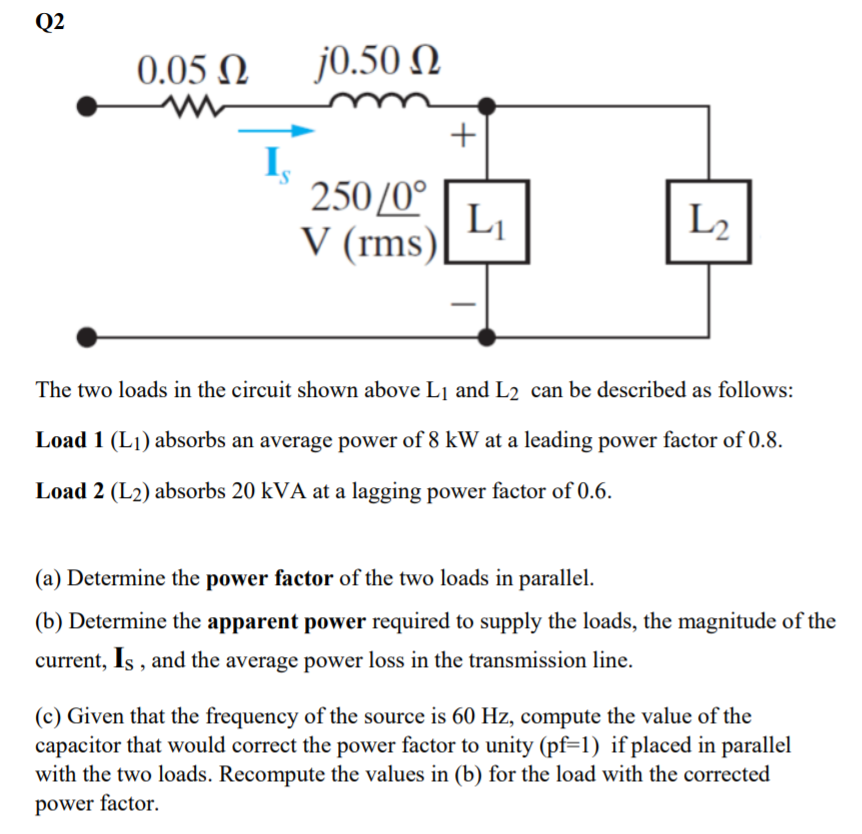 Solved Q2 0.05 2 10.50 12 + 250/0° V (rms) L The two loads | Chegg.com