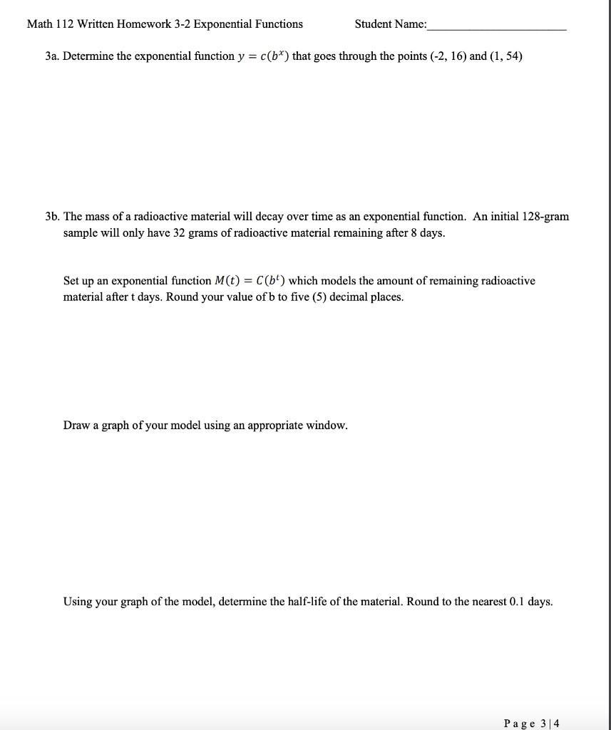 Solved Math 112 Written Homework 3 2 Exponential Functions