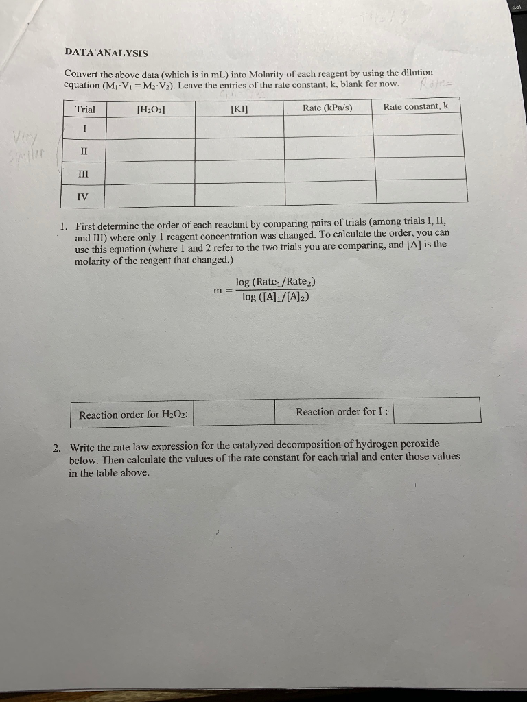 Amount of H2O2 4 mL of 3.0% Amount of KI 1 mL of 0.50 | Chegg.com