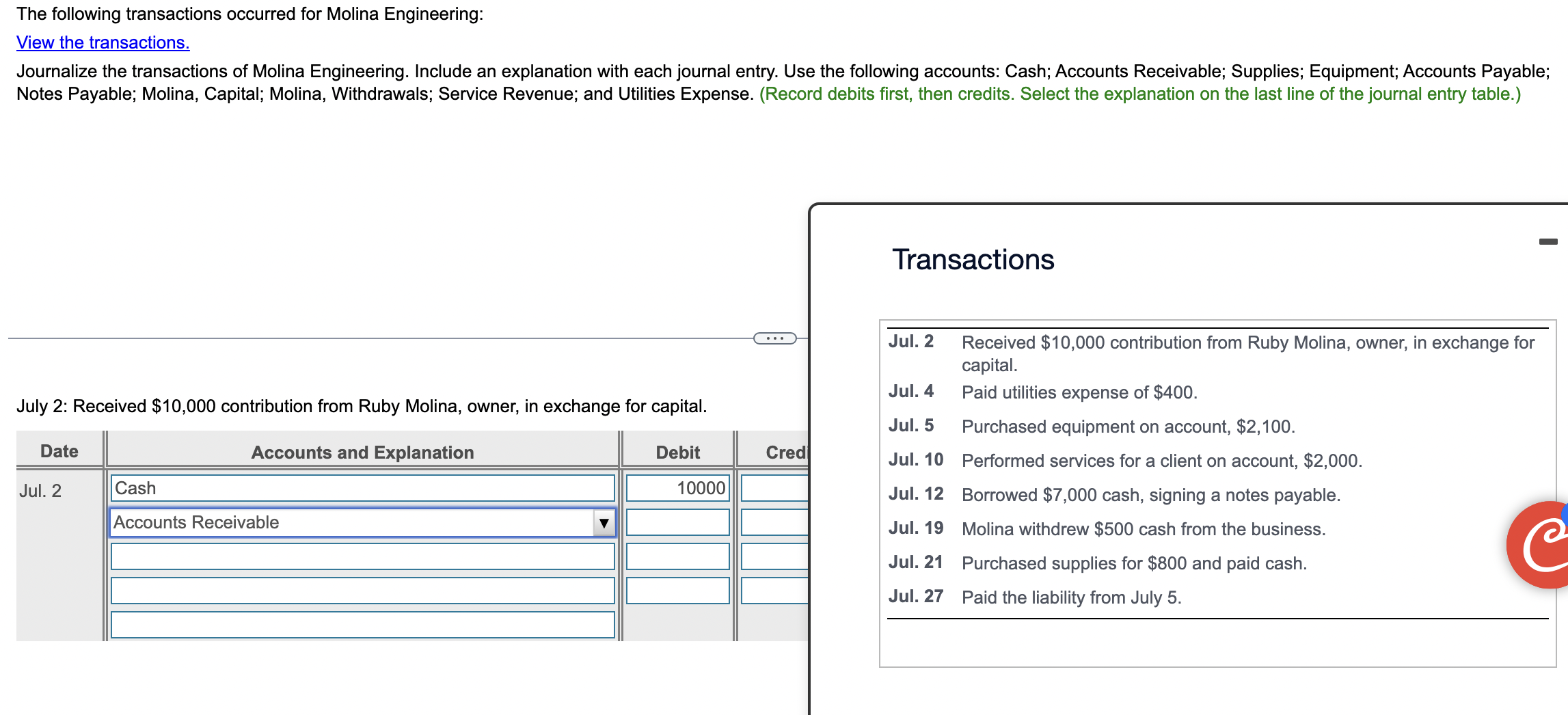 Solved View the transactions.TransactionsJuly 2: Received | Chegg.com
