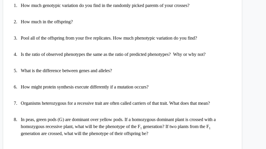 Solved Part 2: Post-Lab Questions Table 1: Parent Genotypes: | Chegg.com