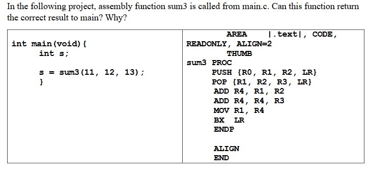 Solved In the following project, assembly function sum3 is | Chegg.com