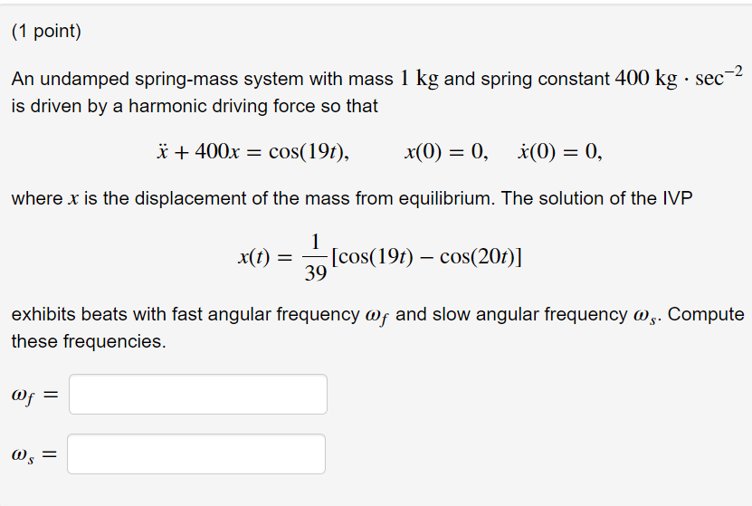 Solved (1 point) An undamped spring-mass system with mass 1 | Chegg.com