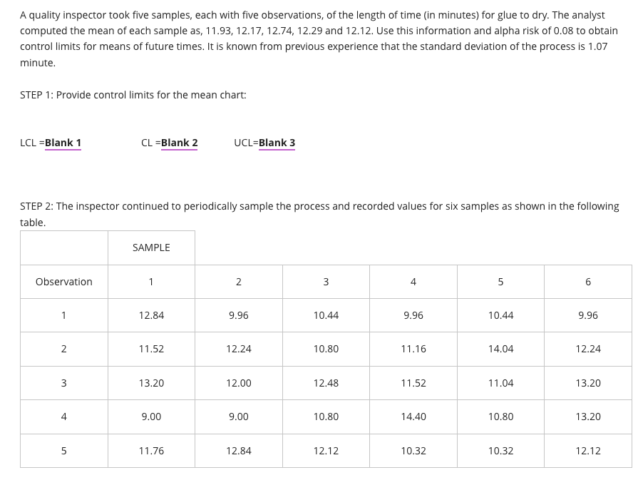 Solved A quality inspector took five samples, each with five | Chegg.com