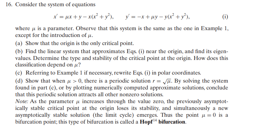 Solved Consider the system of equations x´ = μx + y − x(x2 + | Chegg.com