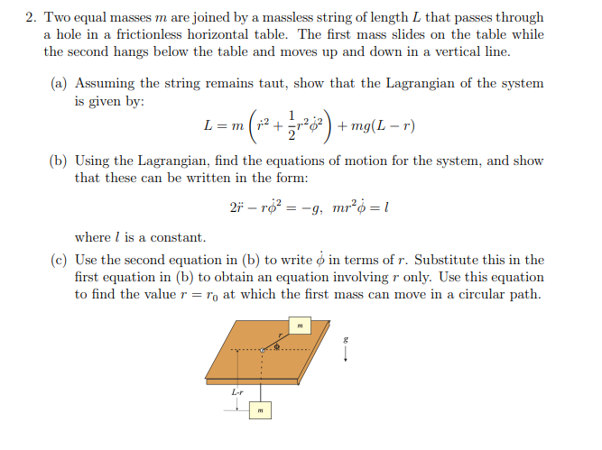 Solved 2. Two equal masses m are joined by a massless string | Chegg.com