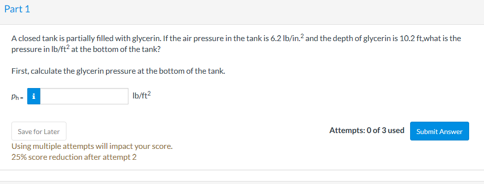 Solved Part 1 A closed tank is partially filled with | Chegg.com